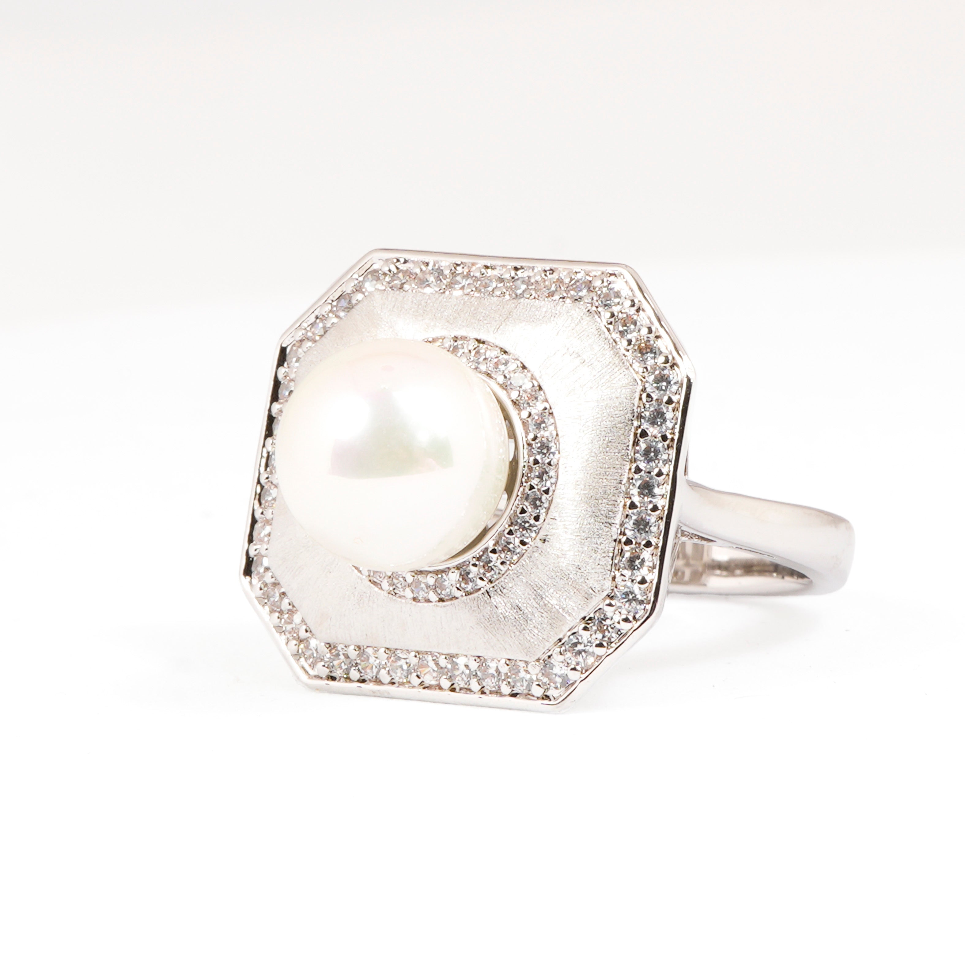 Silver Finish Pearl Statement Ring for Women with Octagon Shape and Di ...